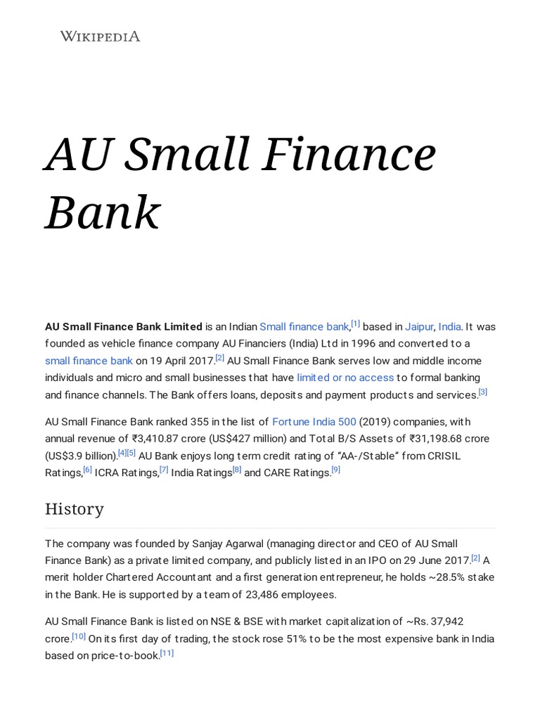 AU Small Finance Bank - Wikipedia | PDF | Banks | Credit