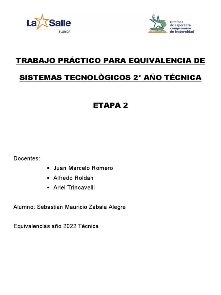Trabajo Práctico para Equivalencia de Procedimientos Técnicos 2 Año Técnica (3er Parte) 2 Etapa ...