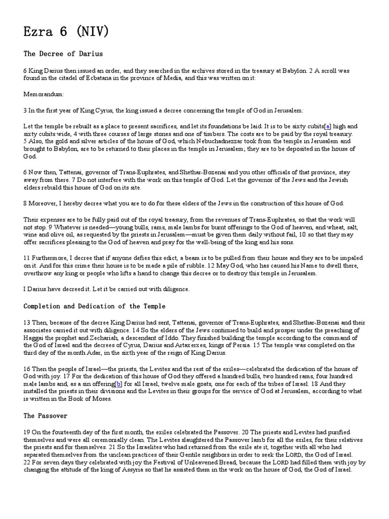 Ezra 6 (NIV) : The Decree of Darius | PDF | Passover | Temple In Jerusalem