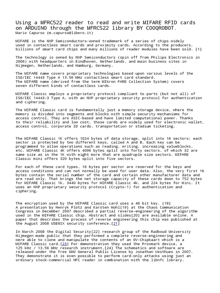 Using A MFRC522 Reader To Read and Write MIFARE RFID Cards On ARDUINO Through The MFRC522 ...