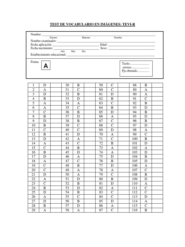 TEVI-R (Formato A y B) - HOJA RESPUESTA | PDF