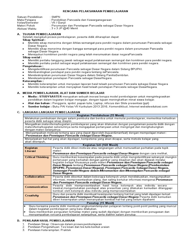 RPP PPKN Kel 7 Sem 1 | PDF