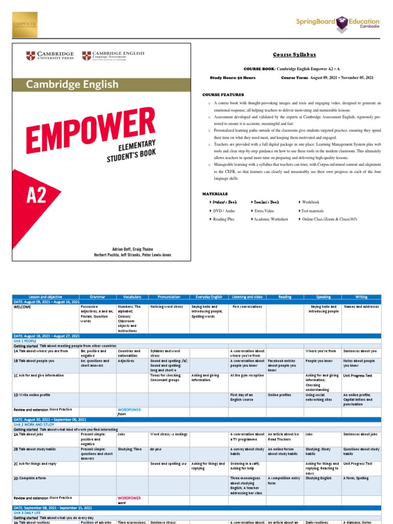 A2 A Empower Course Outline | PDF | English Language | Learning