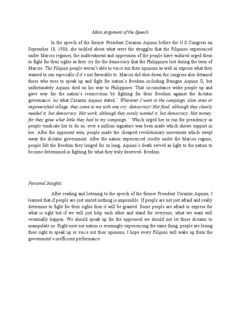 Main Argument of The Speech | PDF | Corazon Aquino