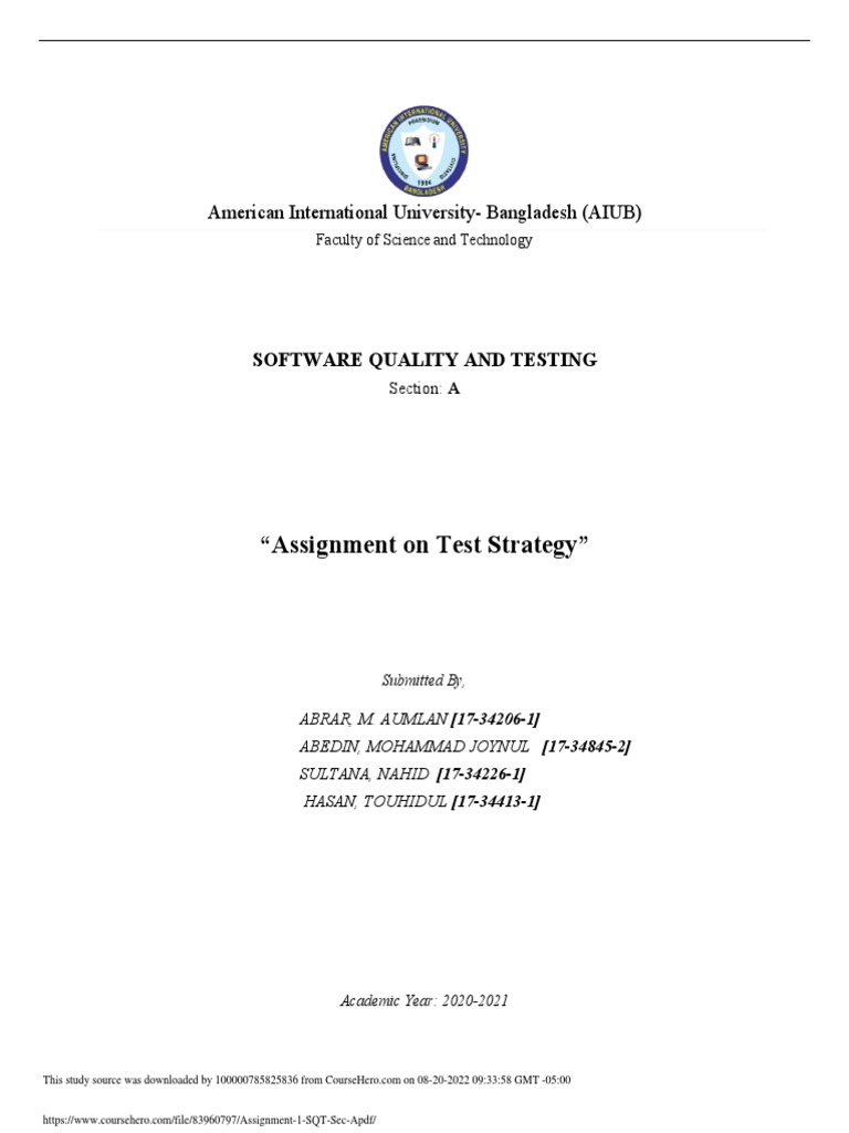 "Assignment On Test Strategy": American International University ...
