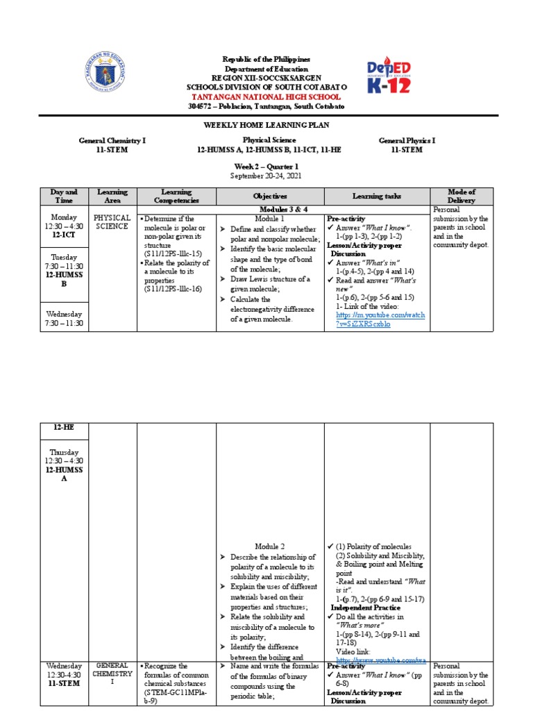 WHLP Quarter 1 Week 2 | PDF | Euclidean Vector | Chemical Polarity