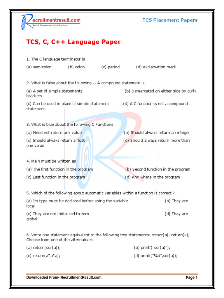 TCS, C, C++ Language Paper | PDF