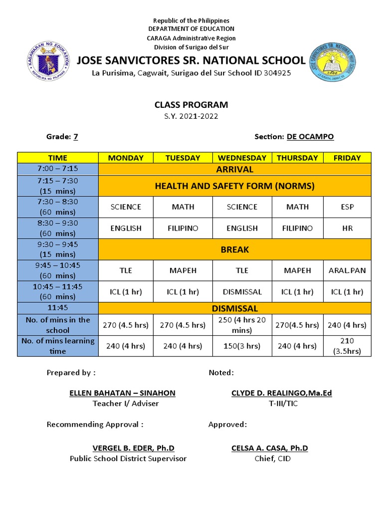 Jose Sanvictores Sr. National School: Class Program | PDF