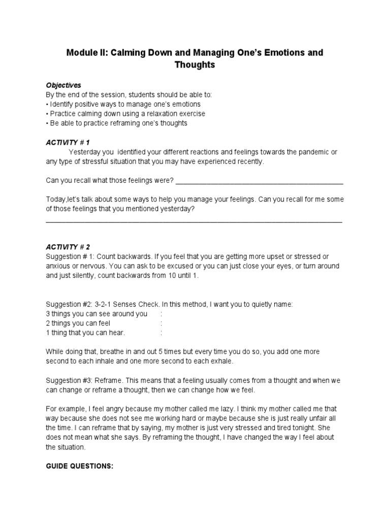 Module II - Calming Down and Managing One's Emotions and Thoughts | PDF