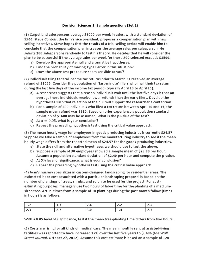 Decision Sciences 1: Sample Questions (Set 2) | PDF | Null Hypothesis | Statistical Hypothesis ...