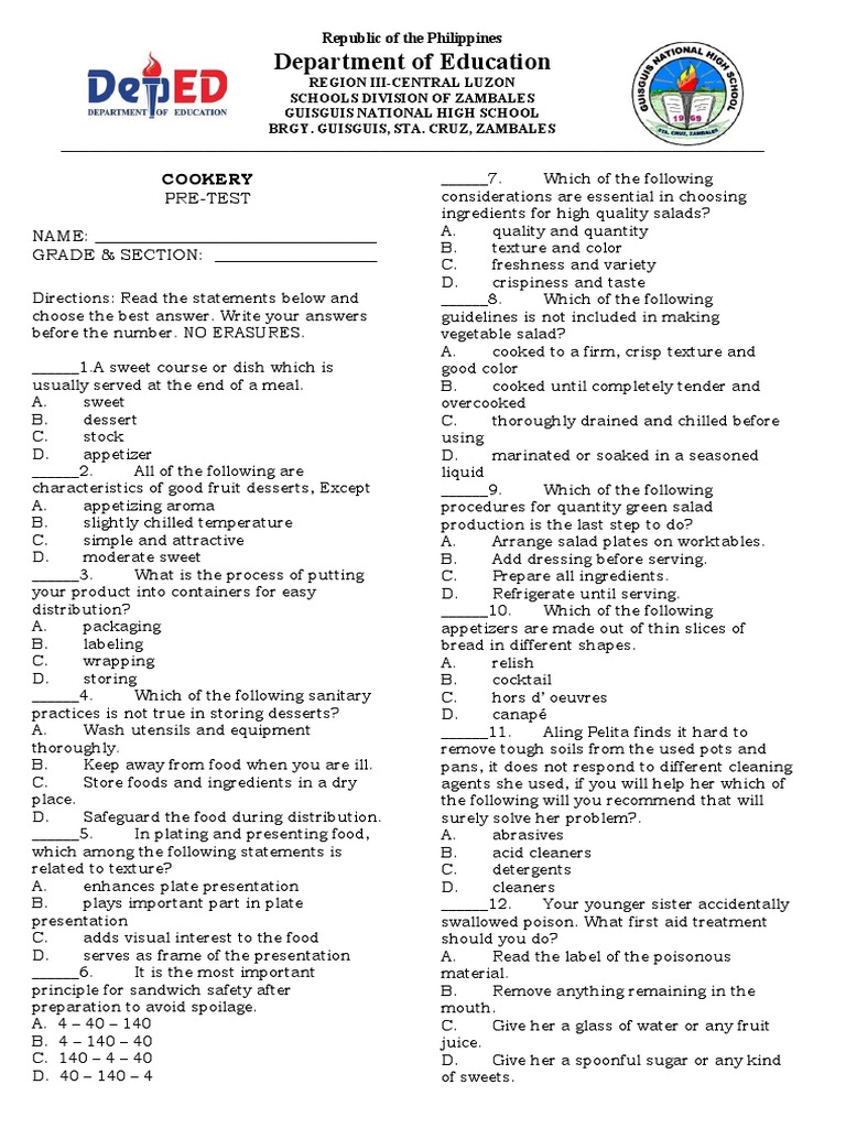 Cookery Pre-Test: An Assessment of Culinary Knowledge | PDF