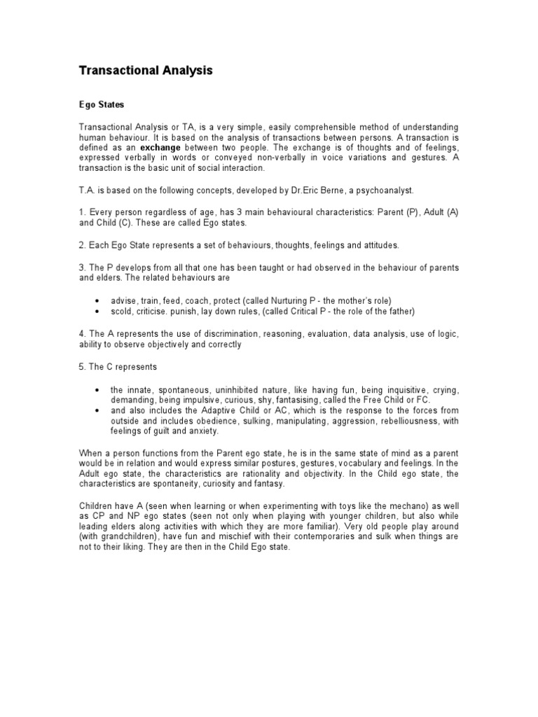 Transactional Analysis Handout | PDF | Mental Health | Cognitive Science