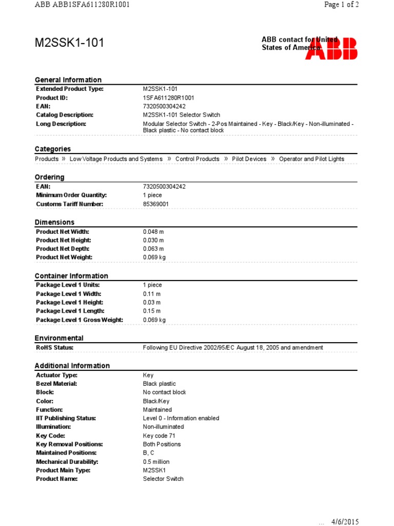 M2SSK1-101: ABB Contact For United States of America | PDF | Switch ...