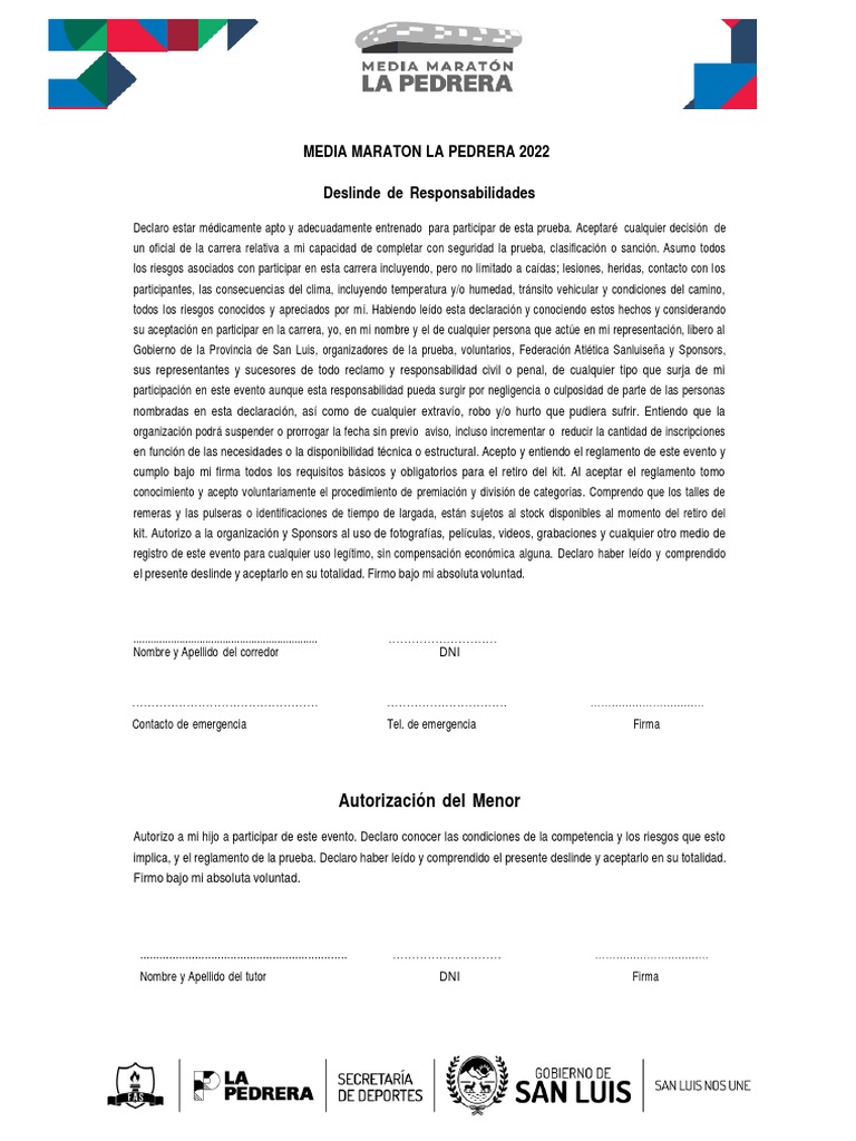 Declaración de responsabilidad y autorización para participar en la Media Maratón La Pedrera ...