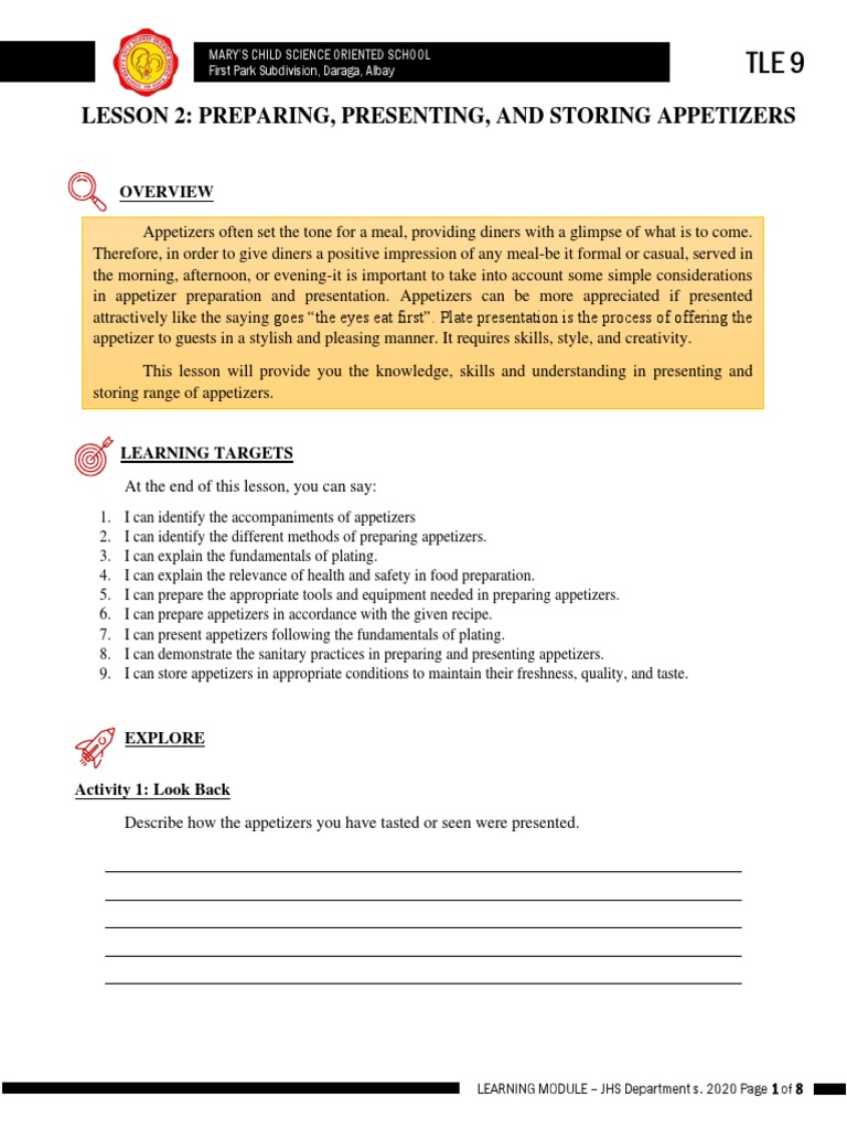Lesson 2: Preparing, Presenting, and Storing Appetizers | PDF | Foods ...