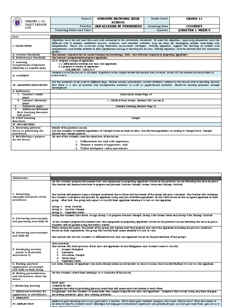 GRADES 1-12 Daily Lesson LOG School Grade Level Teacher Learning Area ...