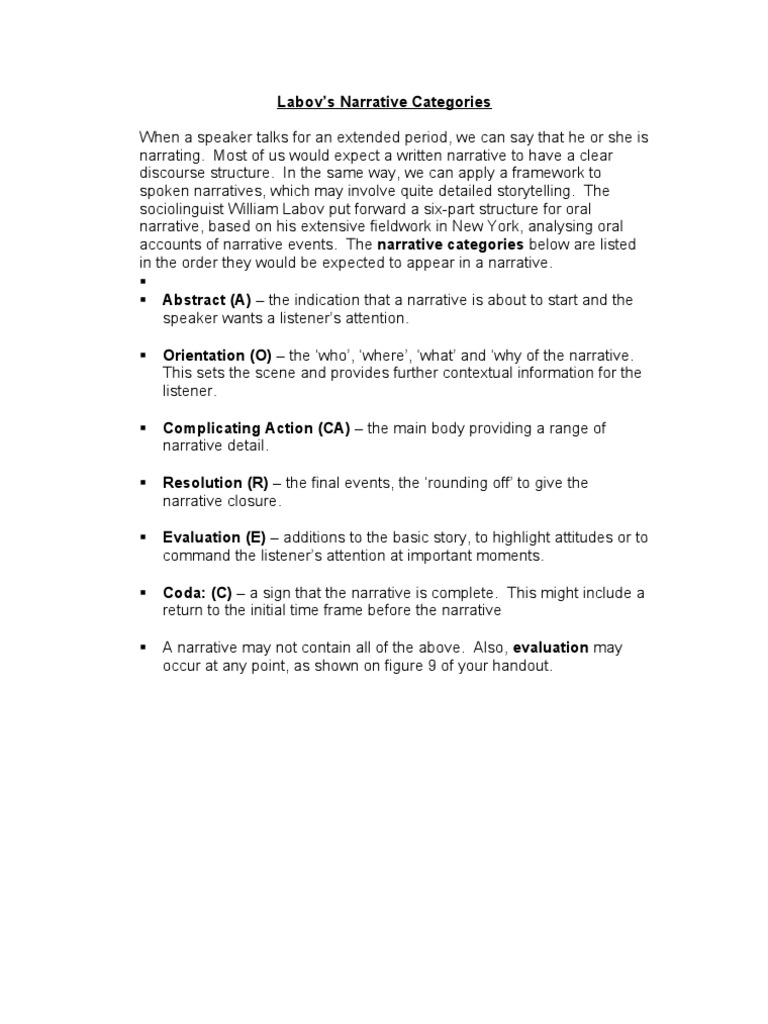 4.labov's Narrative Categories | PDF | Narrative | Linguistics
