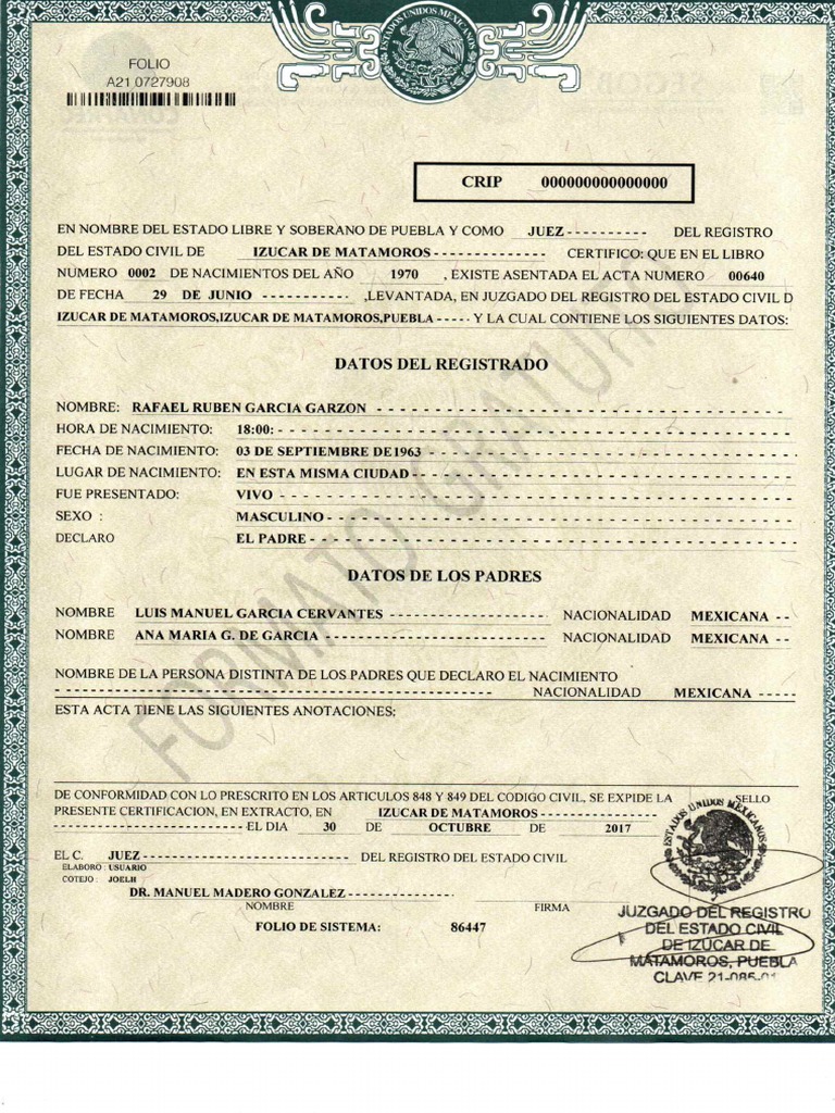 Acta de Nacimiento 320610 | PDF