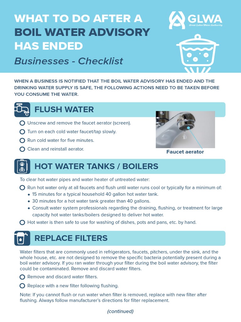Boil Water Advisory Recovery Checklist Businesses | PDF | Water Heating ...