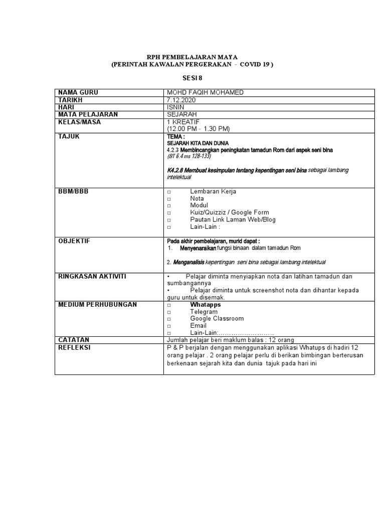 RPH Minggu PKP Sesi 8 | PDF