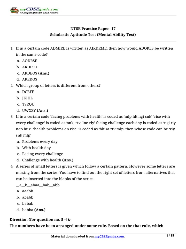 NTSE Practice Paper - 17 Scholastic Aptitude Test (Mental Ability Test ...