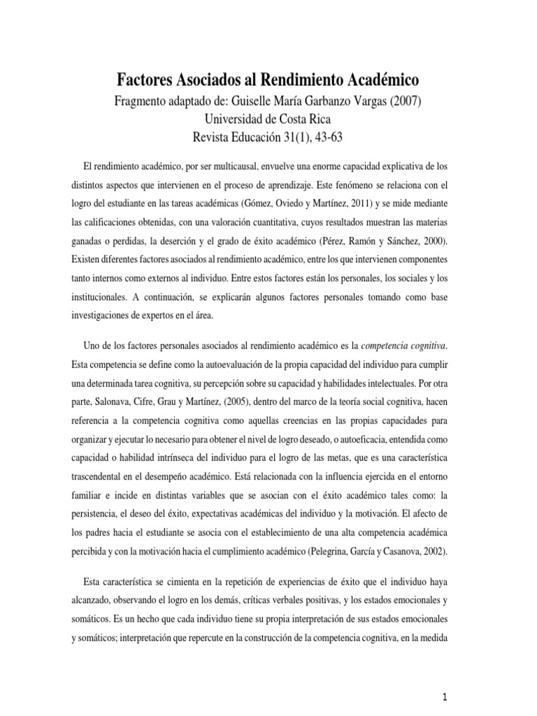 Factores Del Rendimiento Académico - Texto Modelo Actualizado | PDF ...