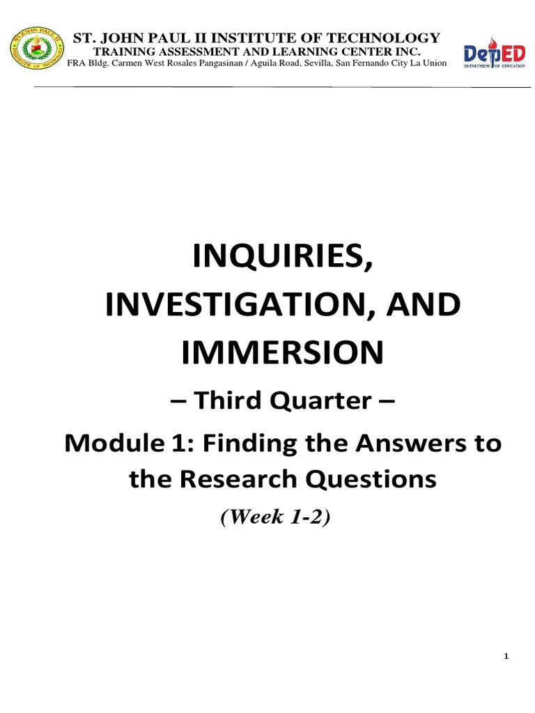 Inquiries, Investigation, and Immersion: - Third Quarter - Module 1 ...