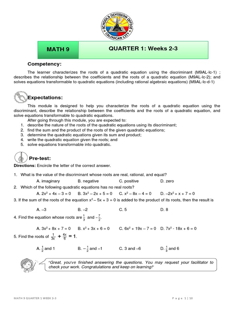 Math 9 QUARTER 1: Weeks 2-3: Competency | PDF | Quadratic Equation | Factorization