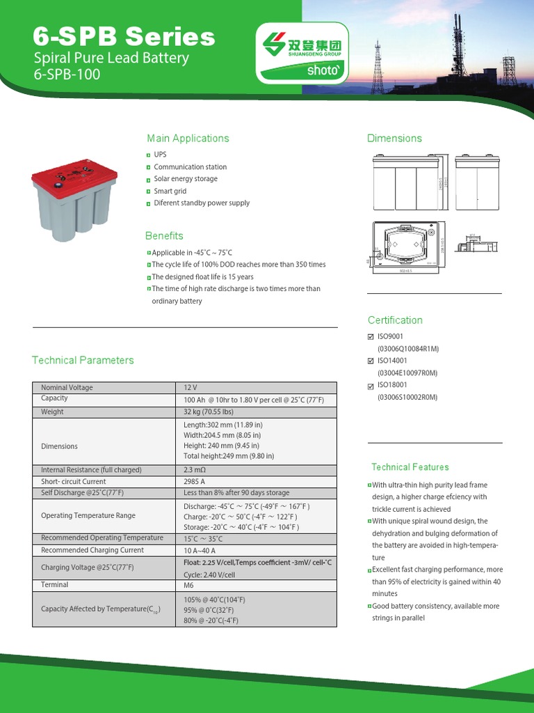 6-SPB Series: 6-SPB-100 Spiral Pure Lead Battery | PDF | Power (Physics) | Electromagnetism