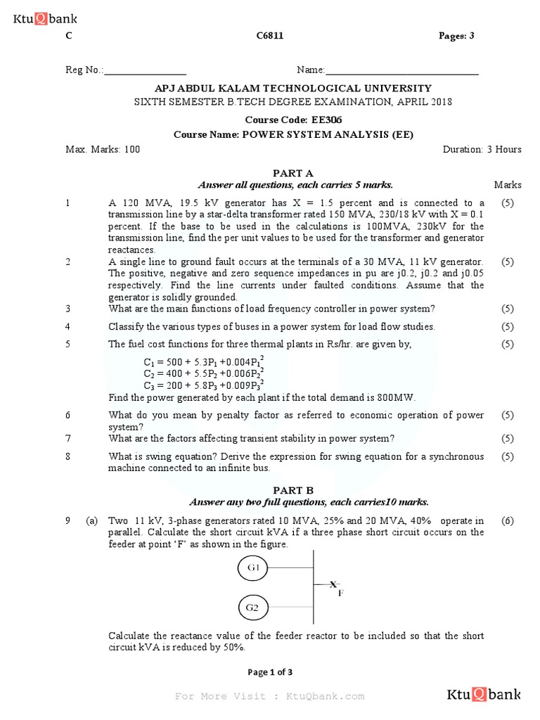 2018 April Power Systems Analysis - EE306-A - Ktu Qbank | PDF | Turbine | Transformer