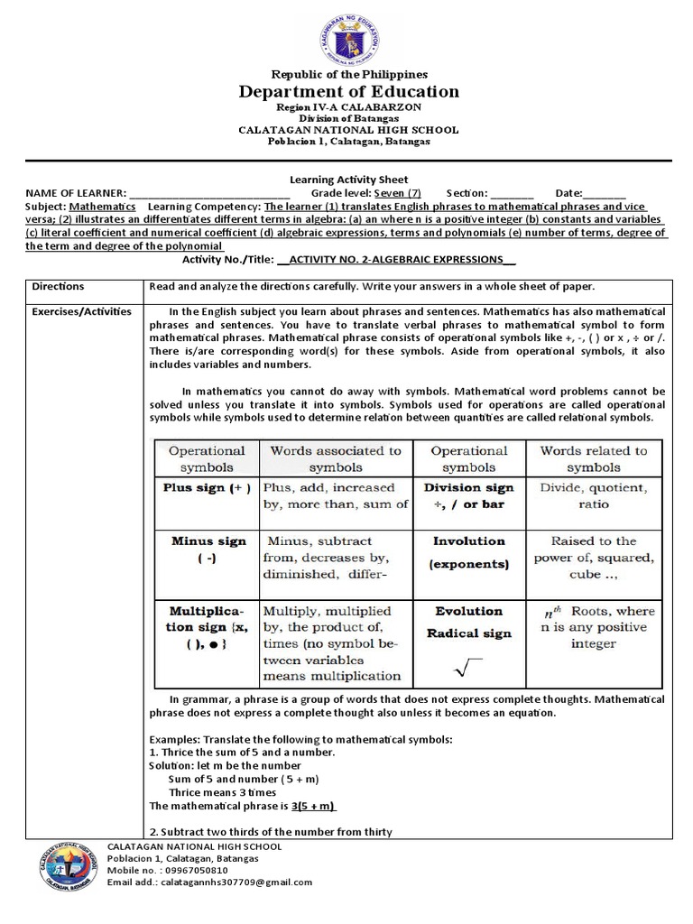 G7 - LAS-Q2-W3 - Algebraic Expressions | PDF | Polynomial | Variable ...