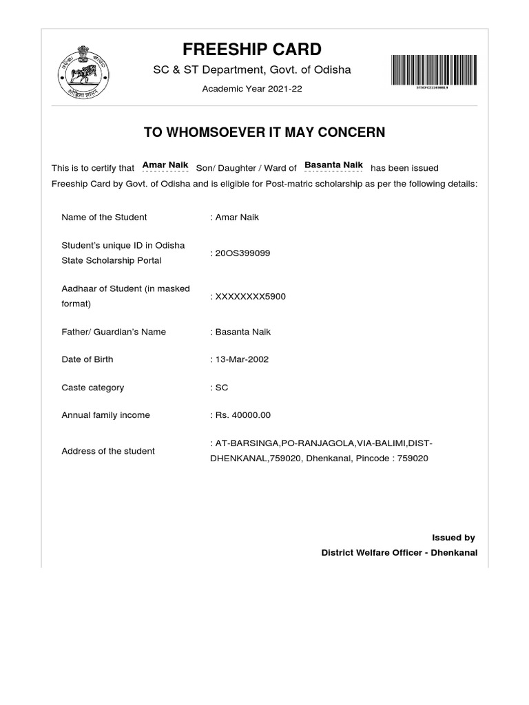 Eligibility Certificate for Post-Matric Scholarship: Details of ...