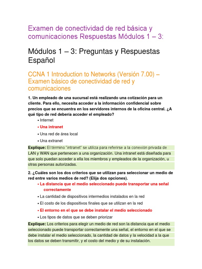 Examen de Conectividad de Red Básica y Comunicaciones Respuestas Módulos 1 | Descargar gratis ...