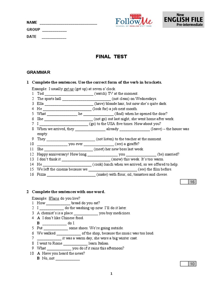 Final Test - EF Pre-Intermediate | PDF | Memory