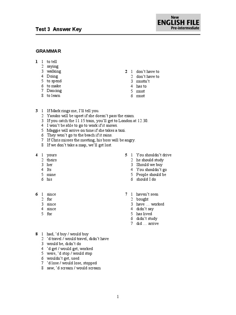Test 3 - EF Pre-Intermediate - Answerkey | PDF