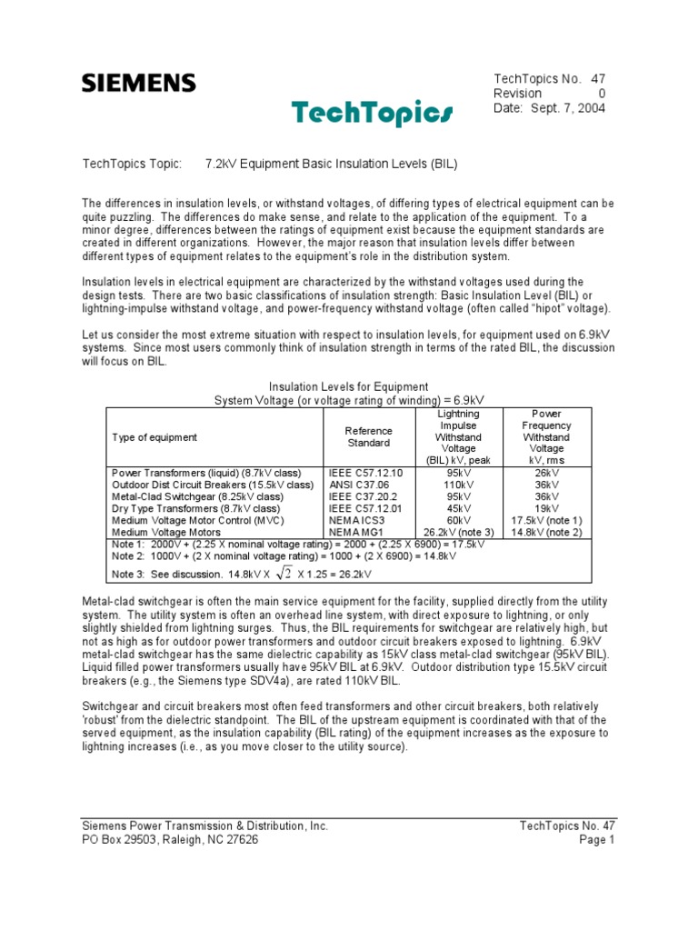 BIL Levels For Switchgear - Siemens Tech Topics Rev 0 | PDF ...