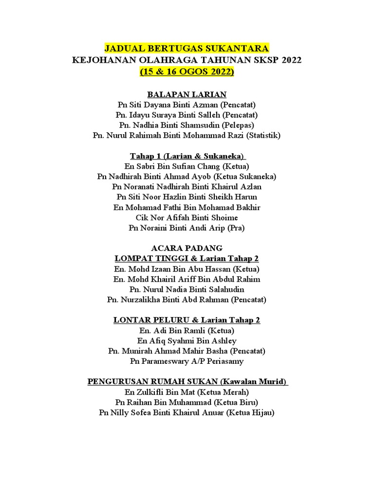 (Latest) Aturcara Dan Pembahagian Tugas Sukantara Dan Sukaneka | PDF