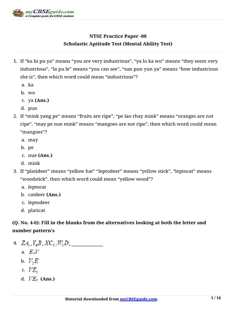 NTSE Practice Paper - 08 Scholastic Aptitude Test (Mental Ability Test ...