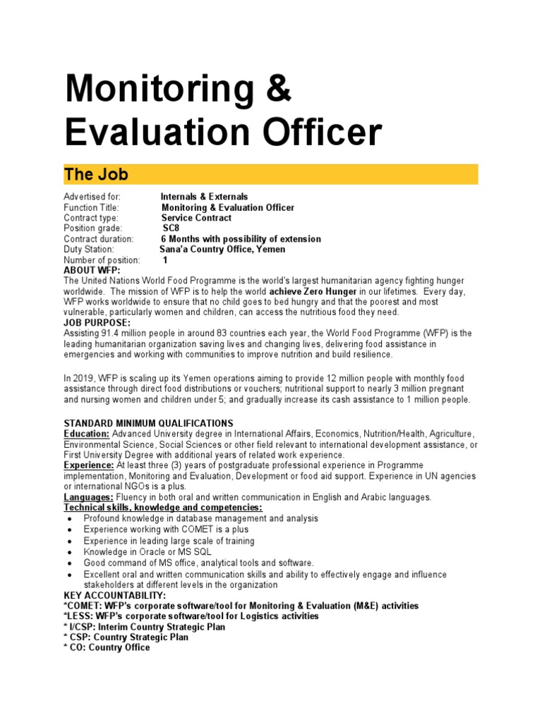 Monitoring & Evaluation Officer: The Job | PDF | World Food Programme