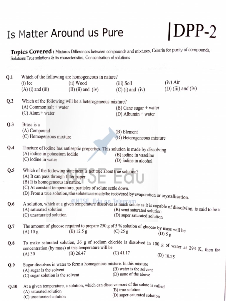 DPP 02 NTSE BY @class - 10 - Materials | PDF | Mixture | Solubility