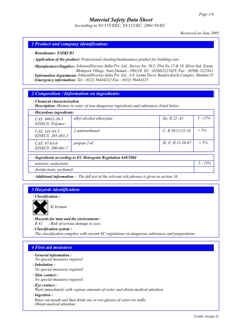 Taski r1 Msds | PDF | Chemistry | Materials