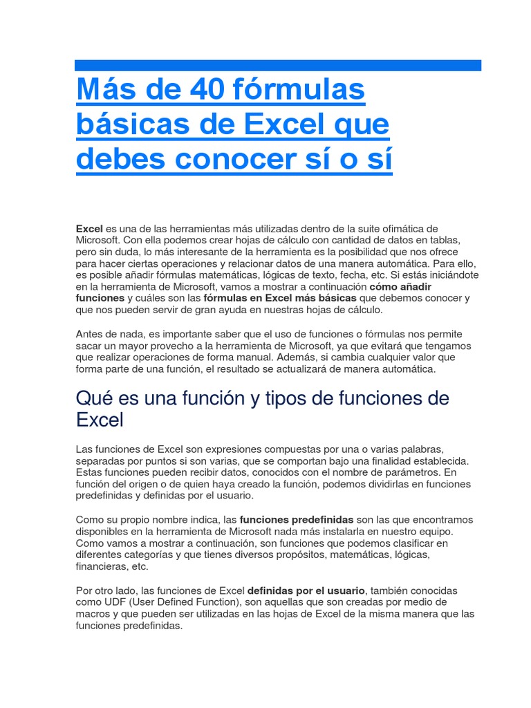 Más de 40 Fórmulas Básicas de Excel Que Debes Conocer Sí o Sí | PDF ...