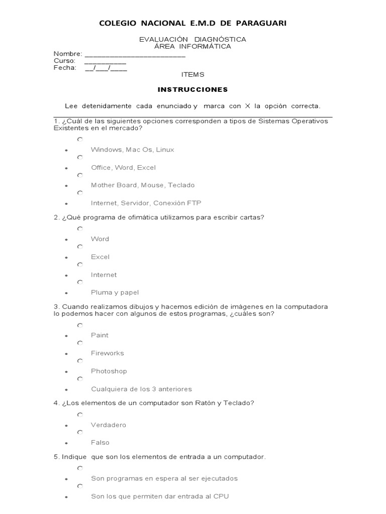 Evaluacion Diagnostica Informatica | PDF | Hardware de la computadora | Almacenamiento de datos ...