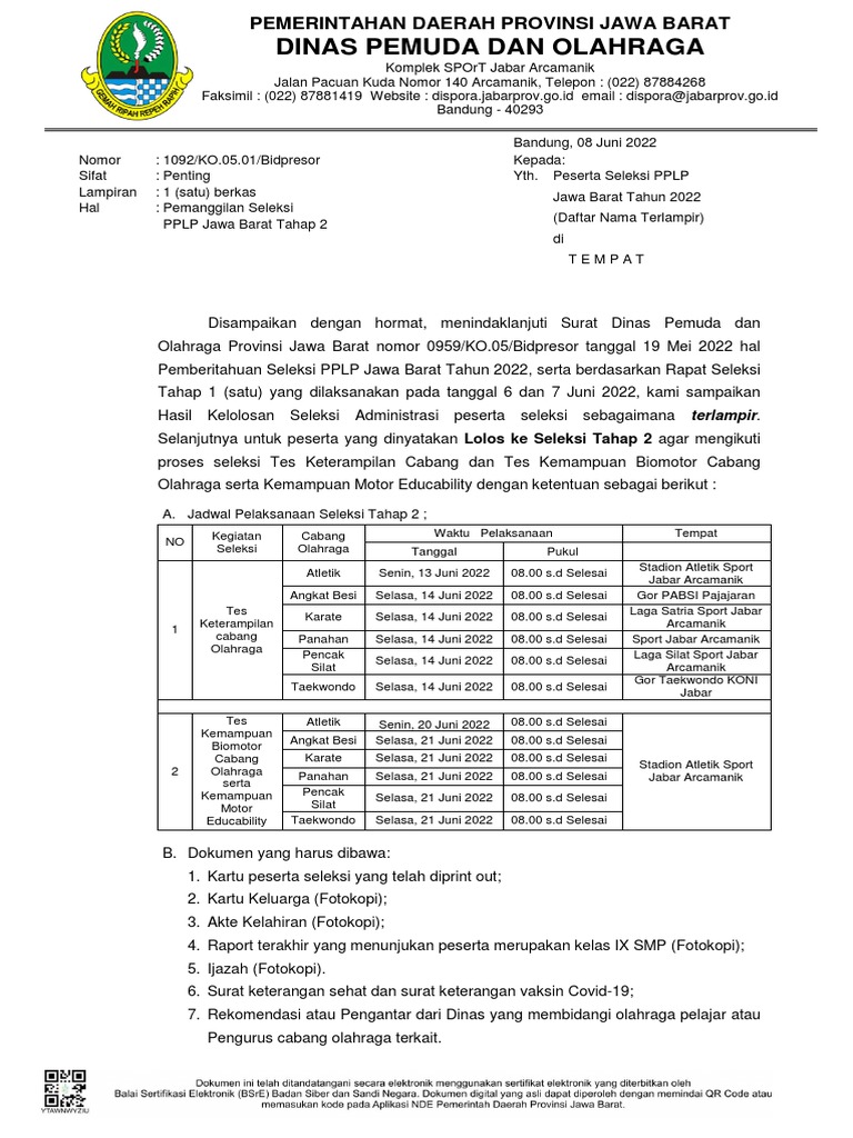Surat Panggilan Seleksi PPLP Jawa Barat Tahap 2 - Sign - Sign - Sign | PDF