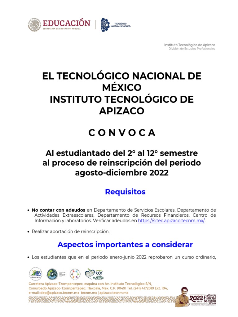 TecNM-ITApizaco ConvReinscripcionAgoDic2022 | PDF