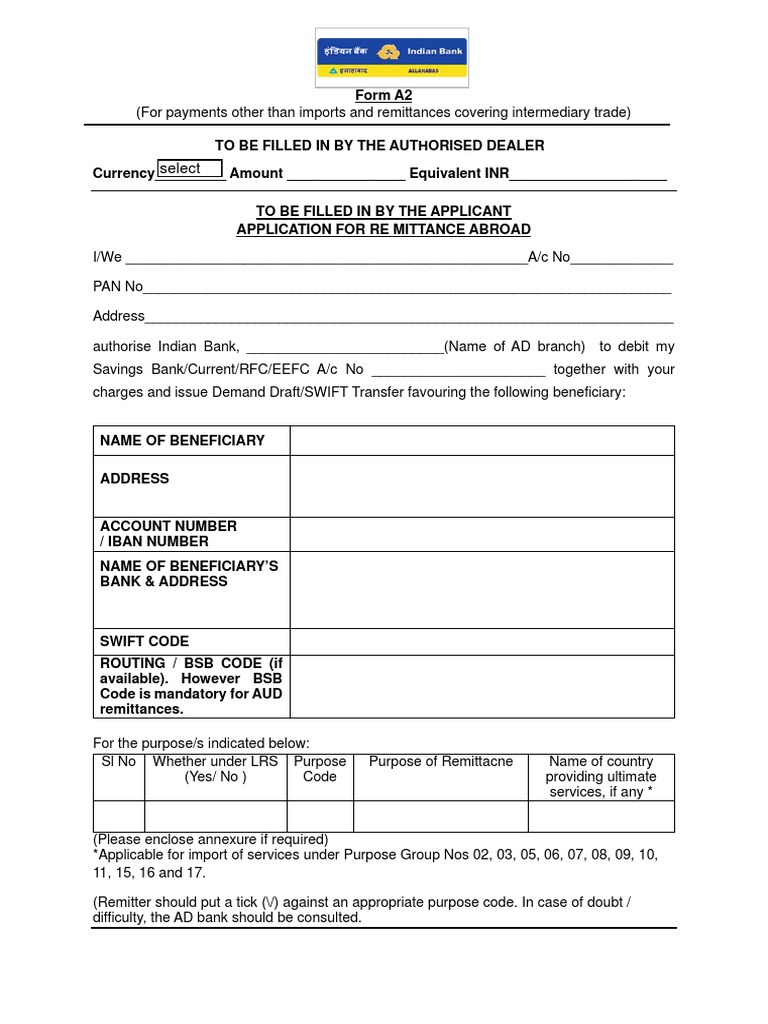 A2 Form Indian Bank | PDF | Remittance | Reserve Bank Of India