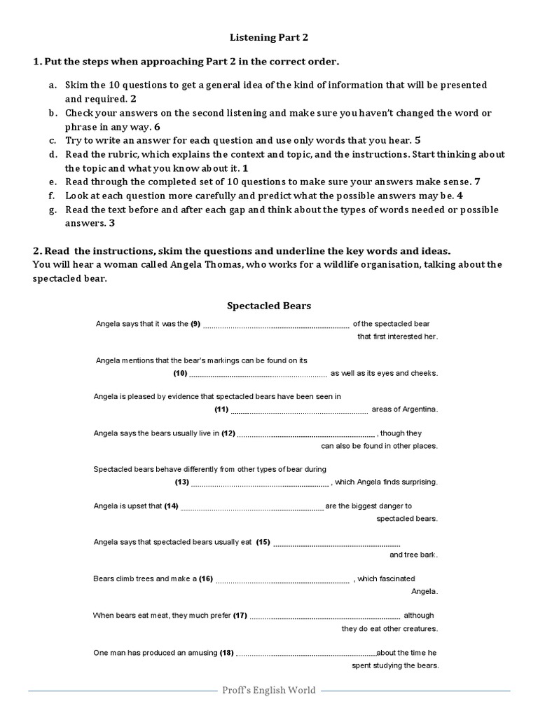 Listening Part 2 1. Put The Steps When Approaching Part 2 in The Correct Order | PDF | Bears ...