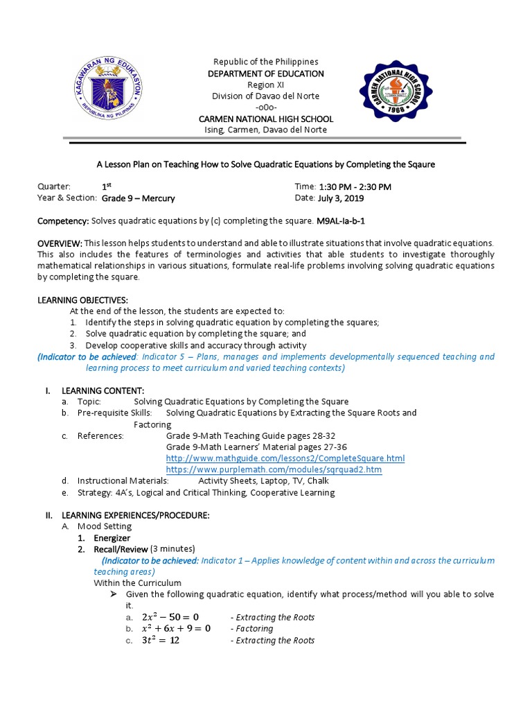 Grade 9-Completing The Square (J. Muyco) | PDF | Equations | Teaching ...