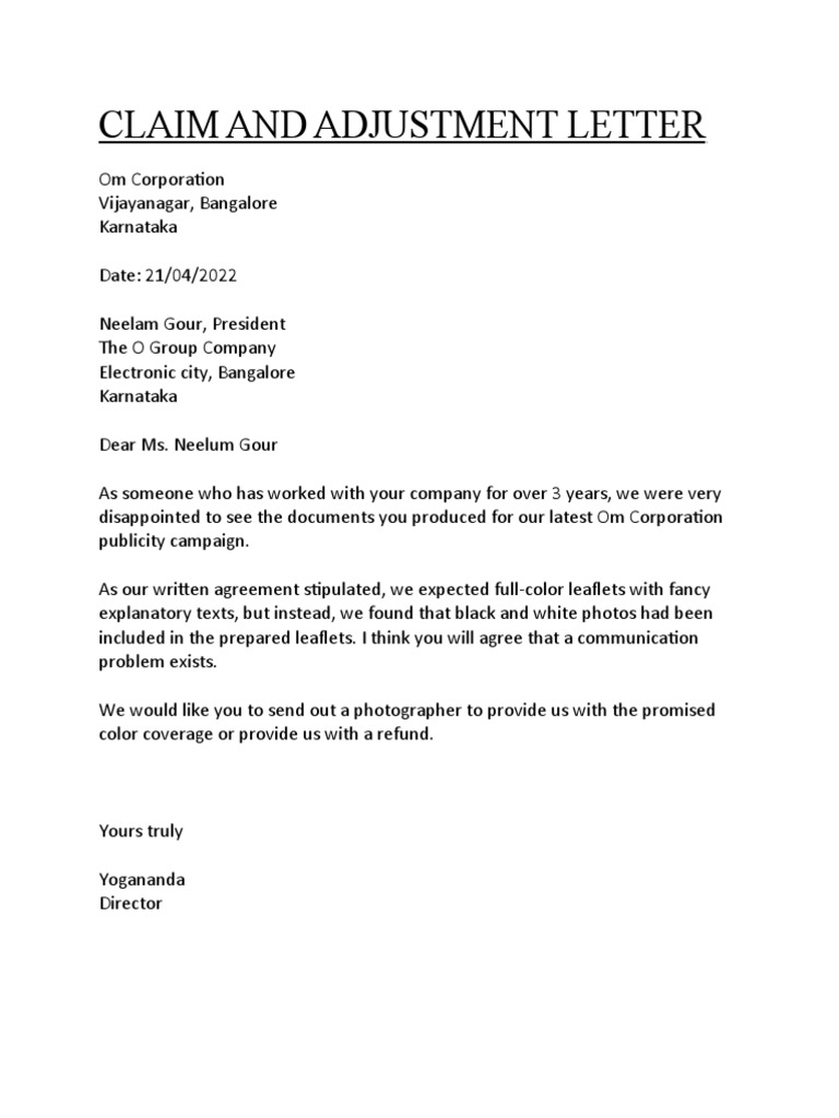 Claim and Adjustment Letter | PDF