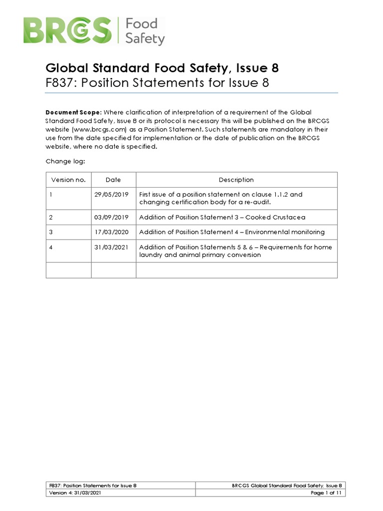F837: Position Statements For Issue 8: Global Standard Food Safety ...